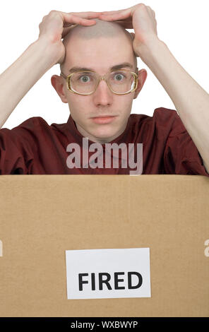 Man in carton with inscription "Fired Stock Photo - Alamy