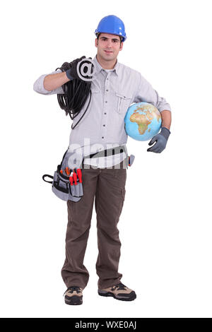 Electrician holding globe Stock Photo - Alamy