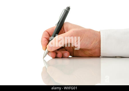Detail of businessman hand writing. Isolated over white background ...
