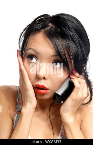 Portrait of young emotive woman talking on video call on laptop ...