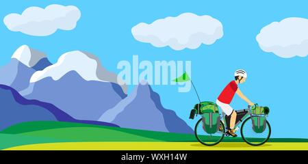 Vector illustration of touring bicycle with bags. Bikepacking bike with ...
