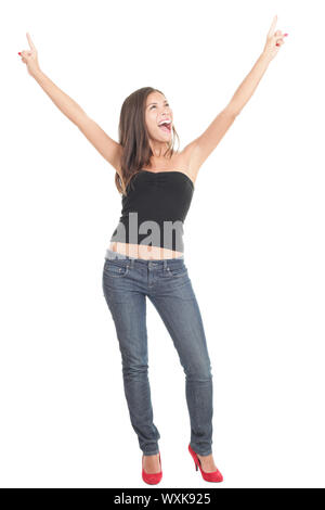 Full body portrait of excited funny man hold loudspeaker tell ...