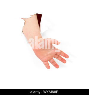 hand stick out from hole in sheet of paper. Male hand sticks out of ...