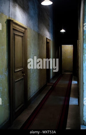 Interior of narrow corridor with closed doors on clean white walls in ...