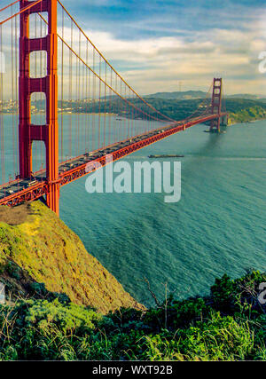 Long span of Golden Gate Bridge stretches across the waters of the San ...