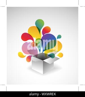 Open gift box is exploding with colorful confetti and ribbon to ...