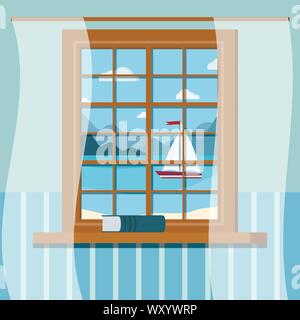 House window with curtains cartoon in black and white Stock Vector ...