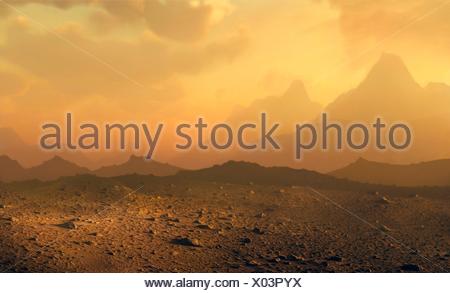 Surface of Venus. Computer illustration of a view across the rocky ...
