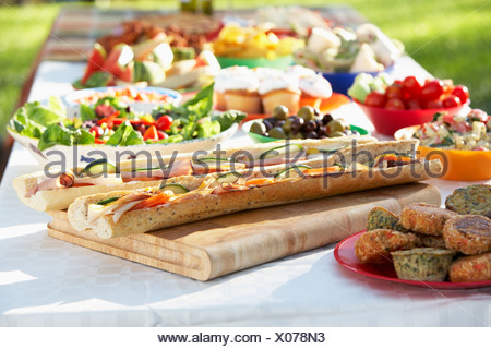Dining table laid for a healthy lunch of fresh salad, vegetables Stock ...