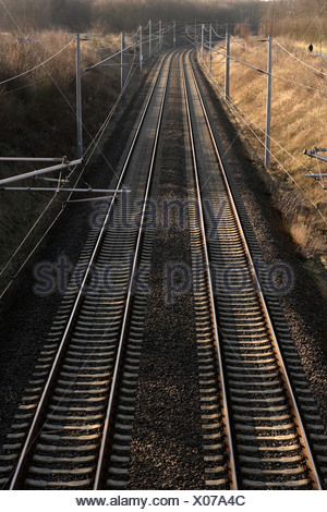 Railroad tracks with tracks and overhead contact line, from above Stock ...