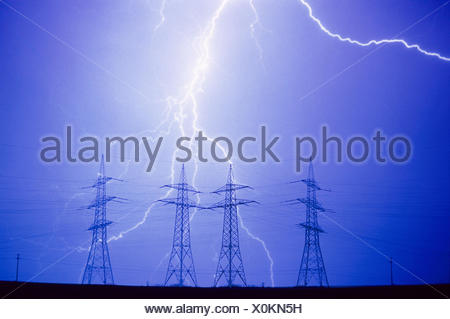 Lightning strike to high voltage power line pillar Stock Photo ...