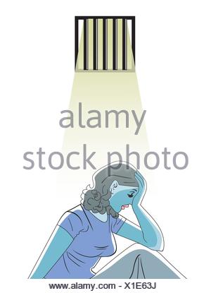 A vector illustration of a sad prisoner locked in jail behind bars ...