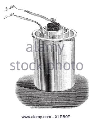Bunsen cell also known as battery, vintage engraved illustration of ...