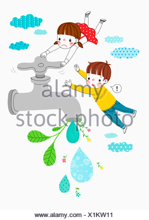 illustration of kids turning off tap water Stock Photo - Alamy