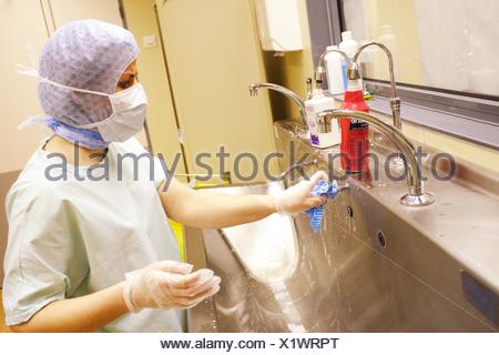 Hospital cleaning staff disinfecting operating room Stock Photo ...