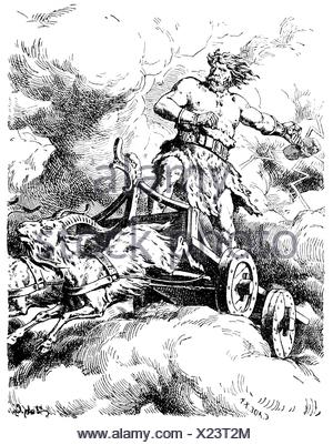 Thor (Donar), Germanic God of the thunder, in his chariot, wood Stock ...