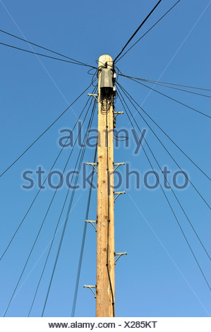 Overhead low voltage electrical power lines on wooden pole. Newbiggin ...