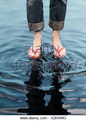 Person wearing flip flop wading in water, low section Stock Photo - Alamy