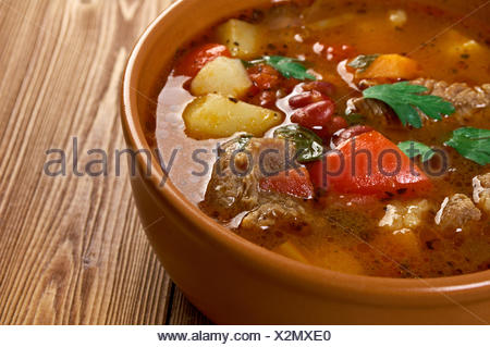 Traditional German eintopf soup with meat, beans and vegetables in a ...