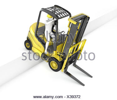 Yellow fork lift truck stuck after falling from ramp, isolated on Stock ...