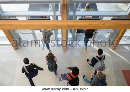 Overhead view of high school students sitting at round table with Stock ...