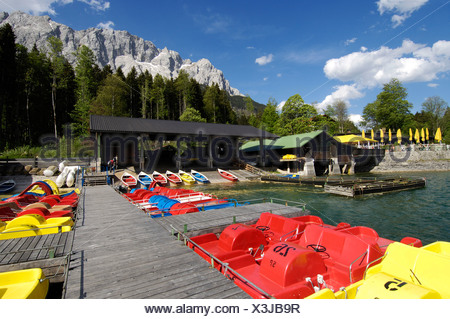 Boats for rent on Lake Eibsee, Mount Zugspitze, Bavaria, Germany Stock ...