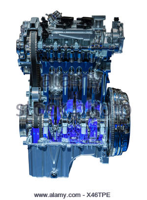 Cross section of a modern three cylinder car engine isolated on white ...