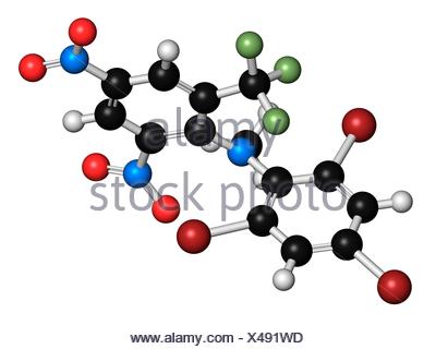 Bromethalin rodenticide molecule (rat poison). 3D rendering. Atoms ...