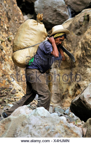 older man carrying a sack on his back over rocks with the help of a ...