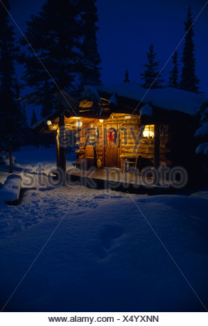 Interior Alaska Log Cabin Forest Winter Porch Light Snow Sky Dusk Stock ...