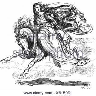 Frigg, Norse goddess, in the Wild Hunst, wood engraving after drawing ...