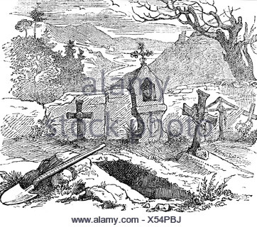 Cemetery with an open grave, engraving, 19th Century Stock Photo ...