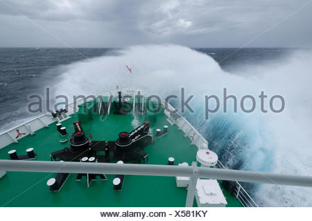 A huge wave is breaking over the bow of the expedition cruise ship MS ...