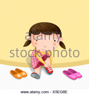Illustration of girl putting on shoes Stock Vector Art & Illustration ...