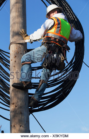 Cable lineman holding onto pole while using lineman spikes to adjust ...