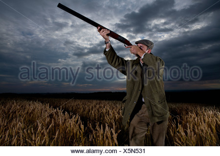 Man in field hunting aiming up into the sky with shot gun Stock Photo ...