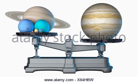 Jupiter's mass. Illustration of the planets of the Solar System on a ...