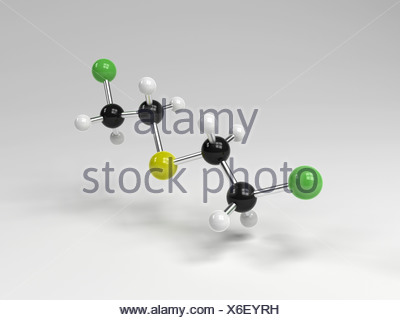Mustard gas. Molecular model of sulphur mustard (C4.H8.Cl2.S), known ...
