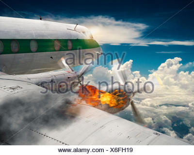 burning plane engine, fire and smoke, view from the window Stock Photo ...