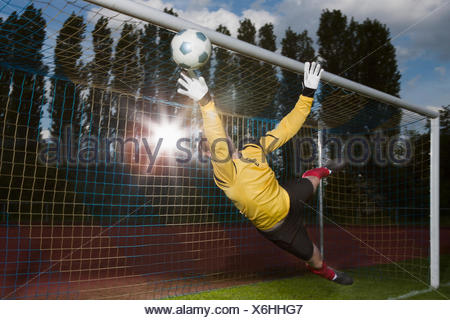 Soccer goalie diving for a soccer ball Stock Photo: 13989184 - Alamy
