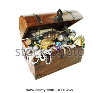 Open treasure chest overflowing with jewellery, elevated view Stock ...