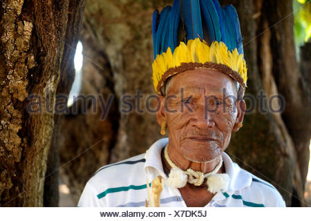 Cacique of the Xavante people, indigenous tribe, with the headdress ...