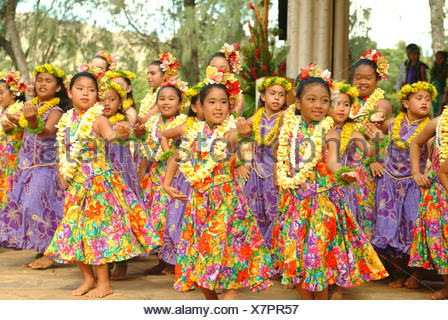 Young Keiki Hula Halau Dancing In Colorful Pareos With Haku And Leis ...
