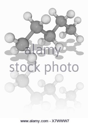 Pentane hydrocarbon, molecular model. Atoms are represented as Stock ...
