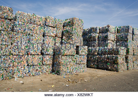 plastic bottles, sorted, compressed into bales and ready for Stock ...