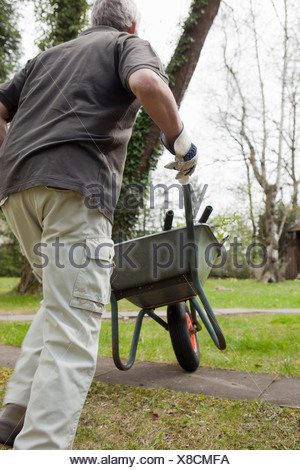 Man pushing wheelbarrow in backyard Stock Photo - Alamy