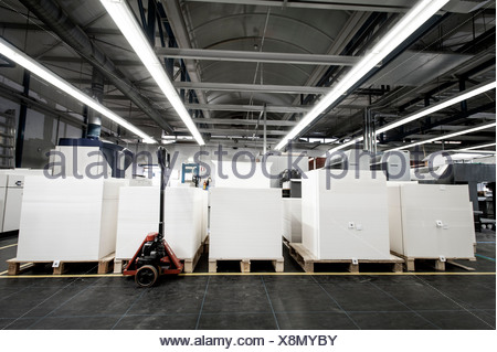 Pallets of paper in printing warehouse Stock Photo - Alamy