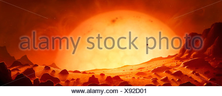 Future red giant Sun, artwork. View from Earth of the red giant Sun ...
