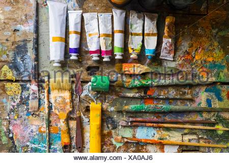 Artist materials, laid out on table, overhead view Stock Photo ...