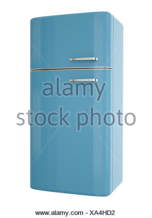 Blue retro fridge refrigerator. 3d rendering image. Isolated white ...